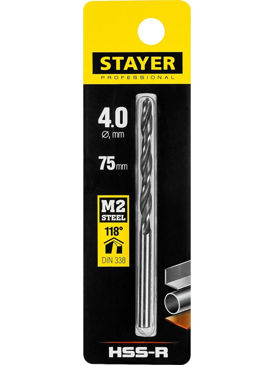 STAYER HSS-R, 4.0 х 75 мм, быстрорежущая сталь P6M5, св