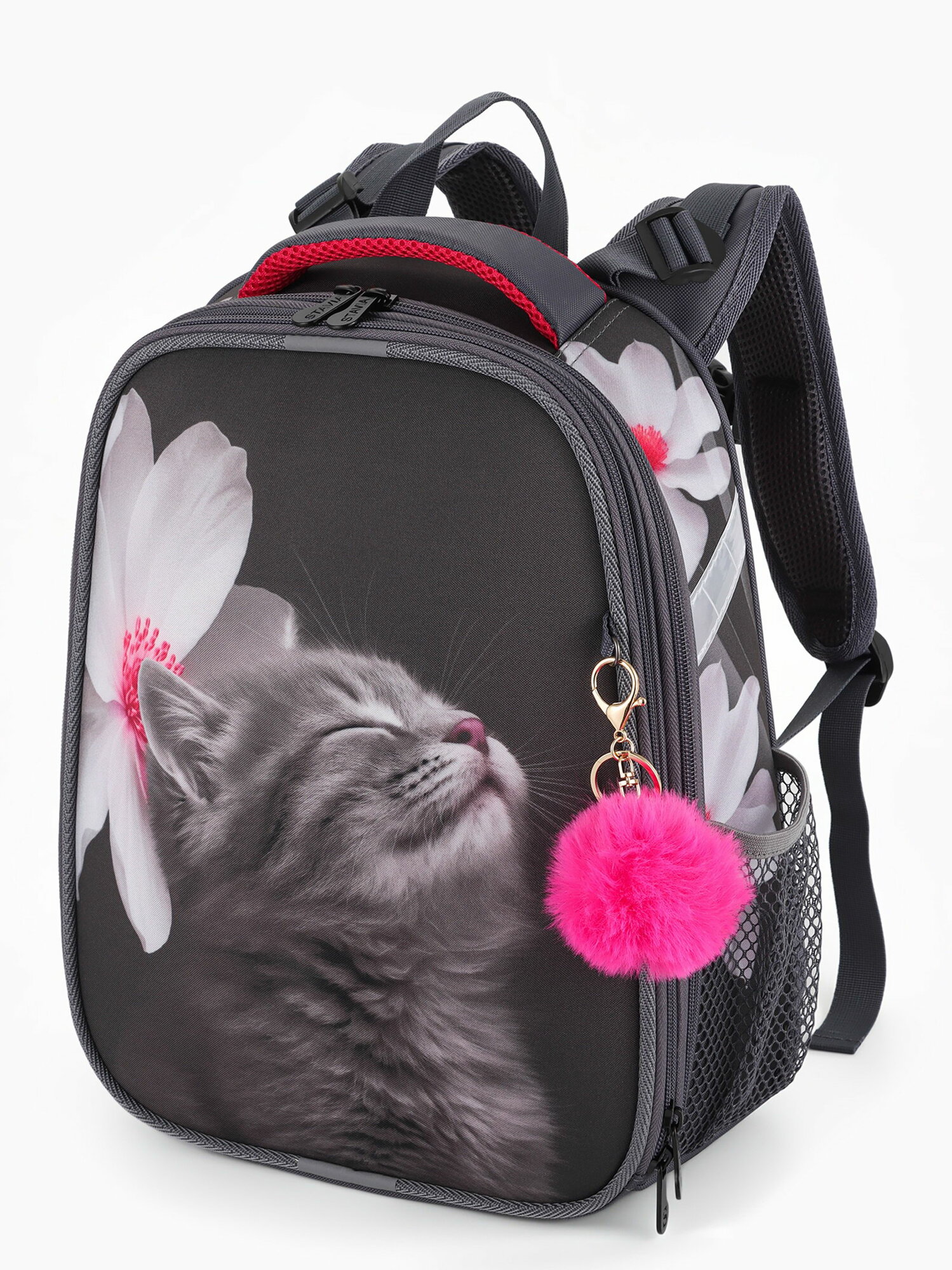 Рюкзак школьный для девочки "Котёнок с цветочком", эргономичная спинка, 30x16x38 см, серый