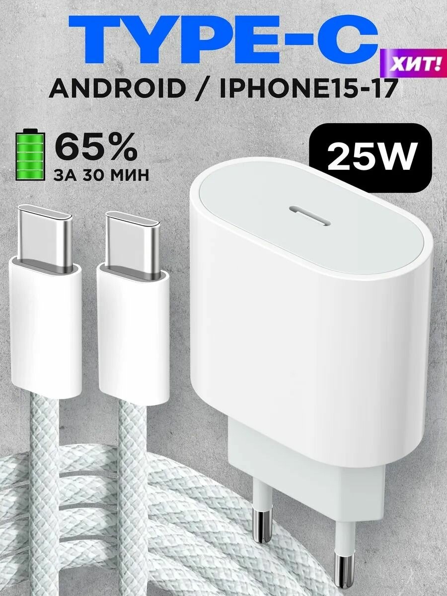 Зарядка type c / Блок питания с кабелем тайпси / Зарядка для телефона Android и iPhone 15/16/17