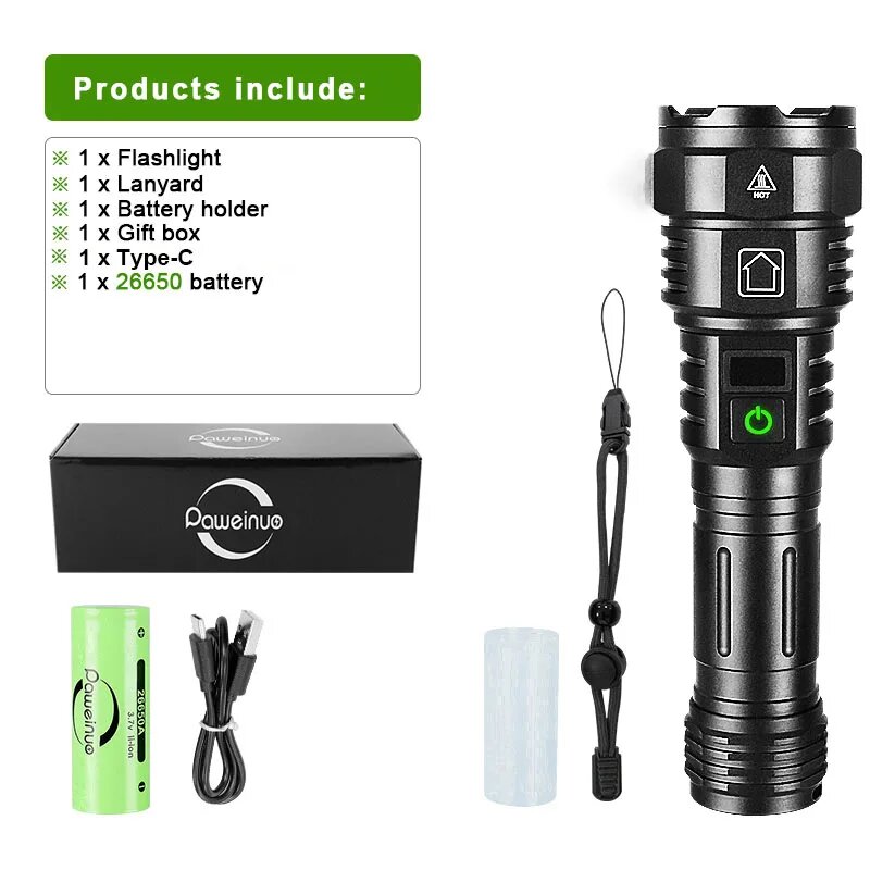 Paweinuo Тактический Фонарь с 26650 battery-box