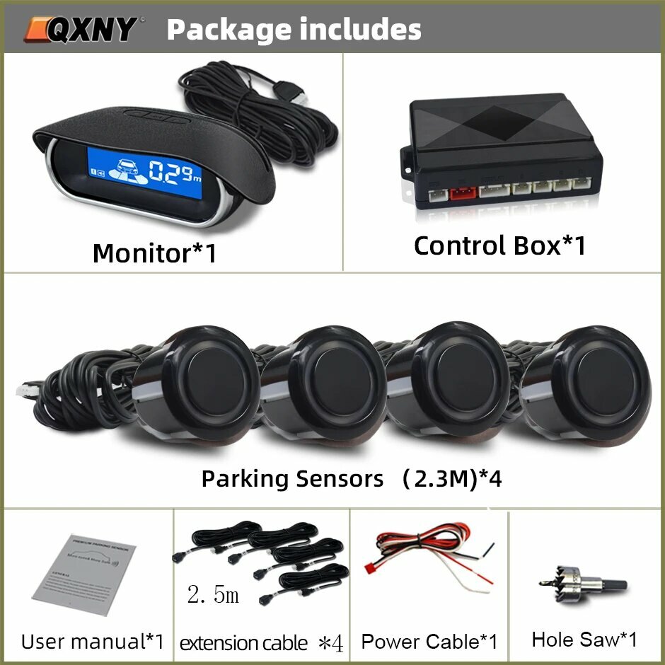 Парктроник QXNY, 4 датчика, черный, ЖК-монитор
