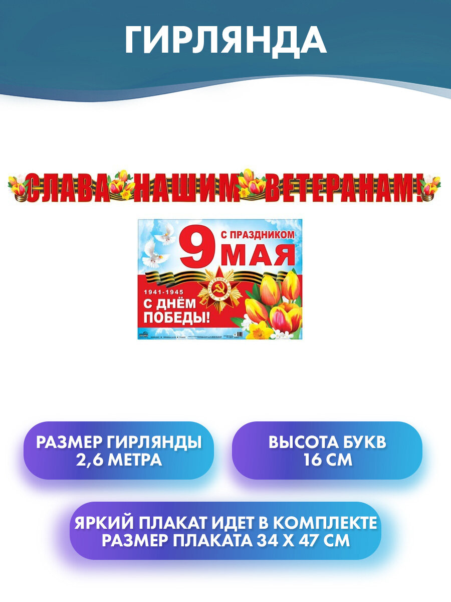 Растяжка (2,6 м) и Плакат А3 "Слава нашим ветеранам!", День Пледы, 9 Мая, (с блестками в лаке)
