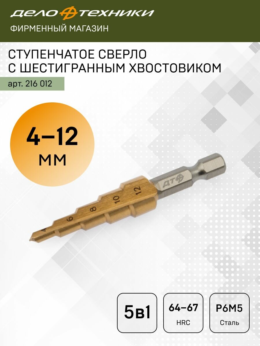 Сверло ступенчатое по металлу Дело Техники с шестигранным хвостовиком 4-12мм, 216012