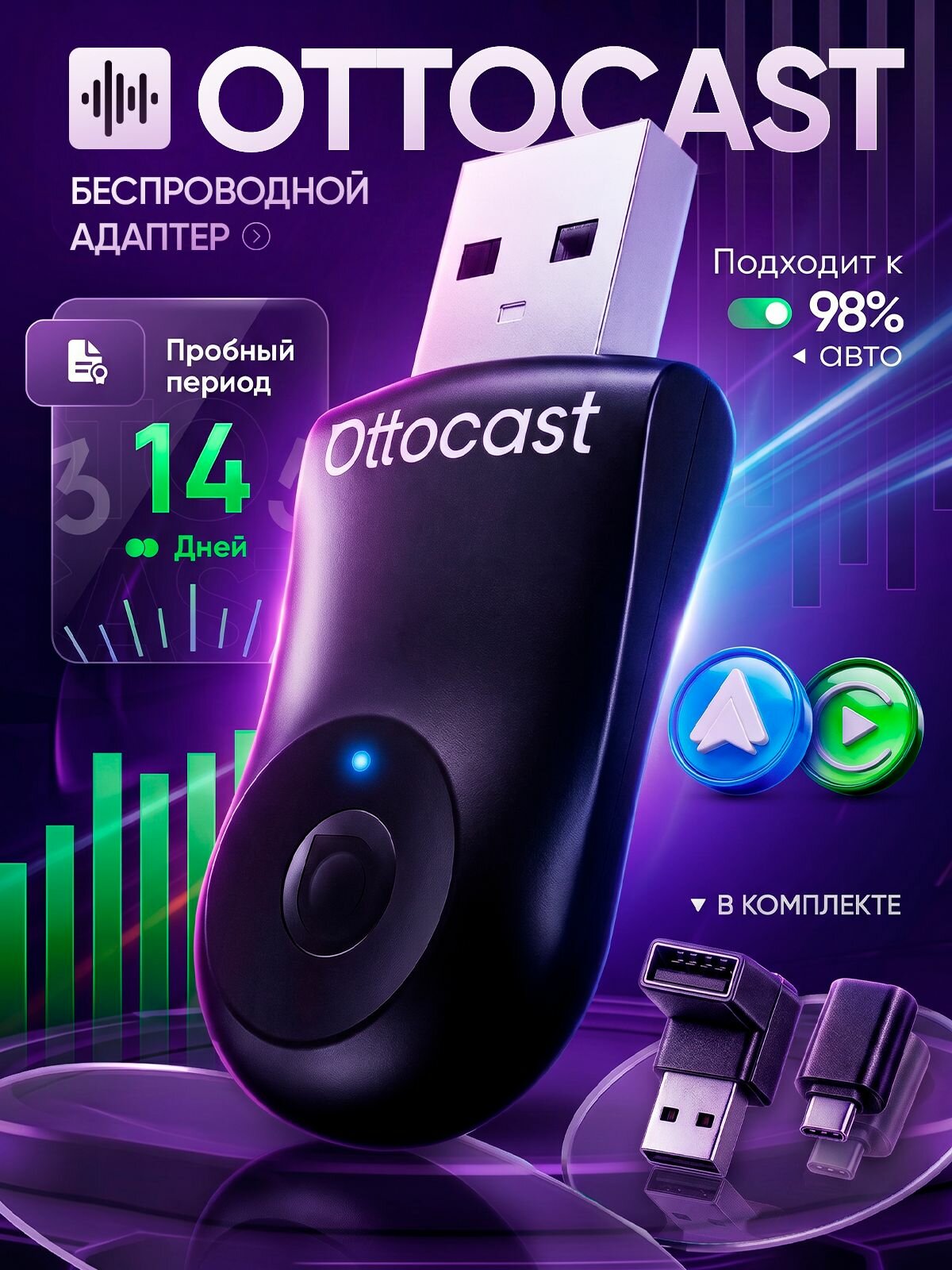 OTTOCAST беспроводной адаптер CarPlay и Android Auto