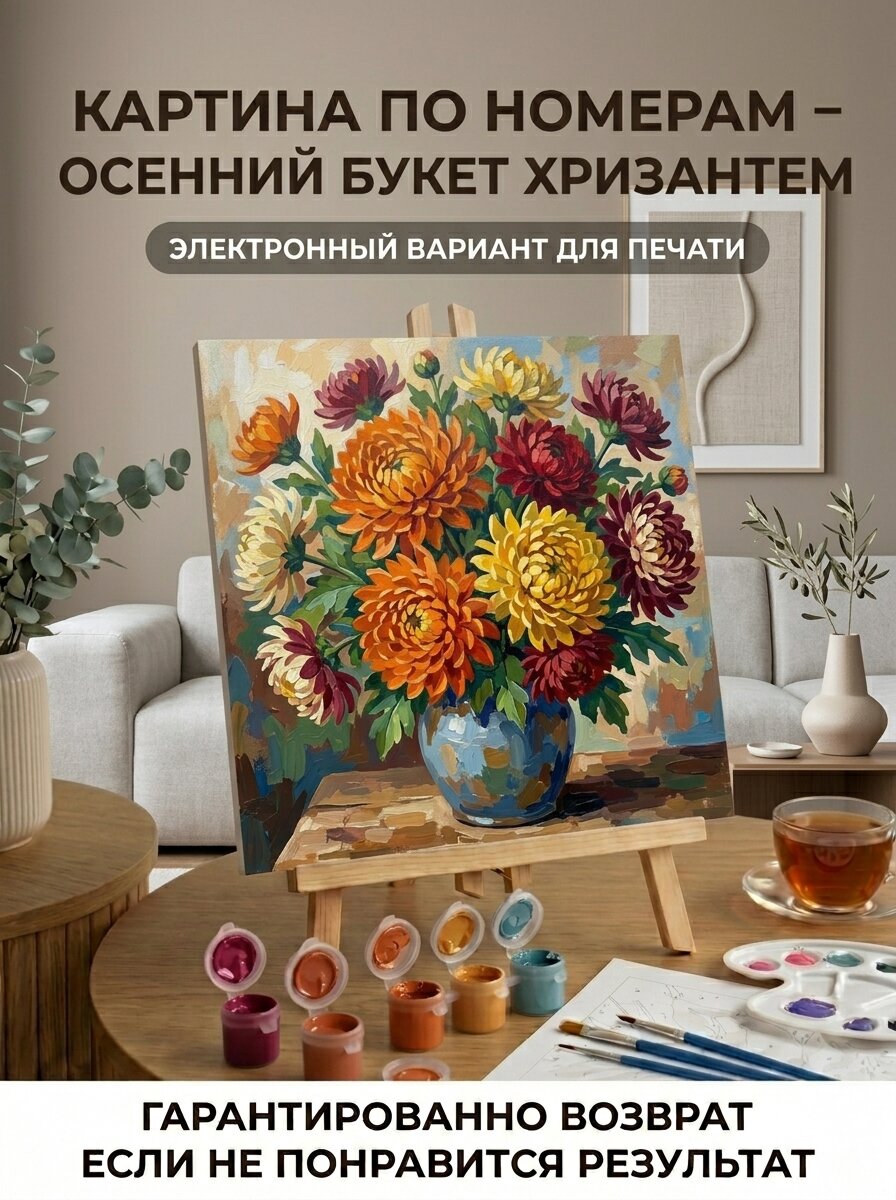 Картина по номерам "Осенний букет хризантем", на холсте, PDF-инструкция