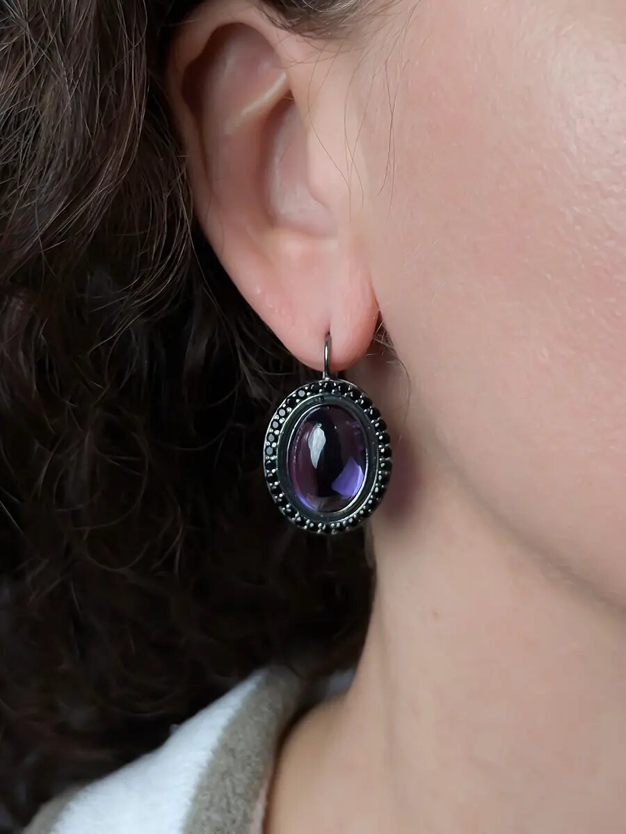 Серьги, серебро, 925 проба, чернение, александрит синтетический, шпинель