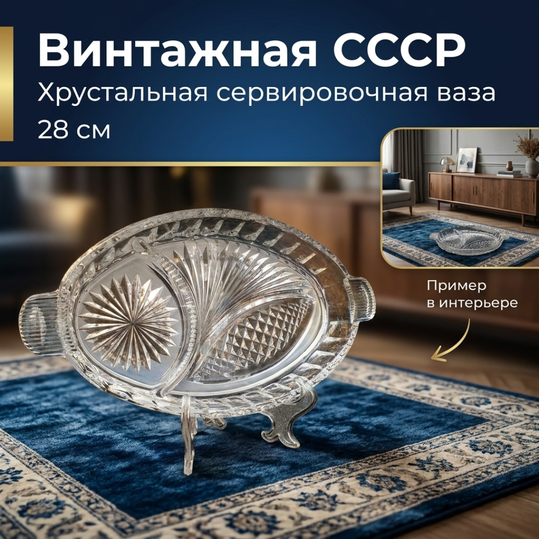 Винтажные блюдо менажница, хрусталь, 28 см, СССР