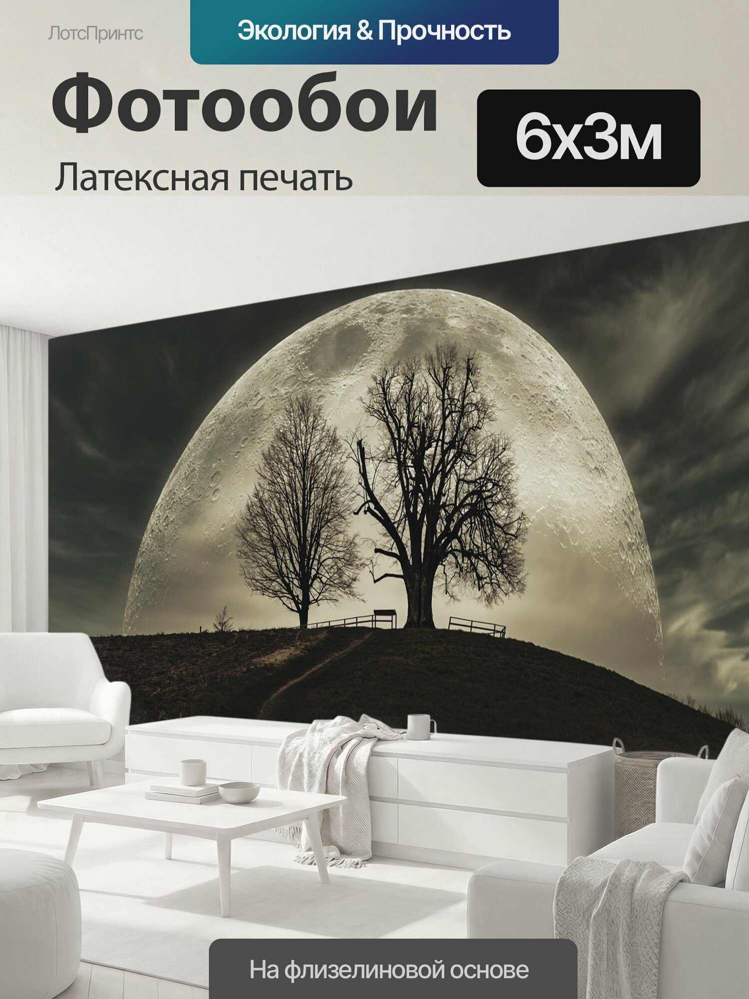 Фотообои моющиеся ударопрочные "Луна, ночь, полнолуние" 600x300 см. латексная печать