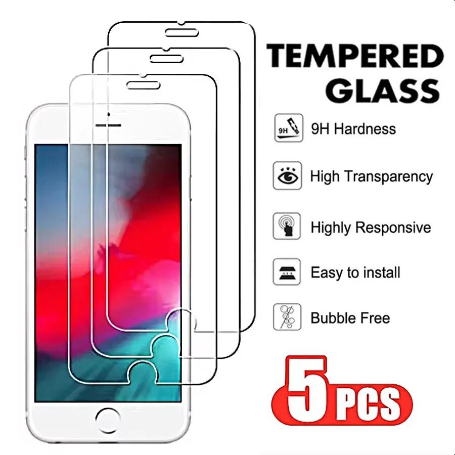 5 шт. Стекло для iPhone 6s, 6, 7, 8, Plus, SE 2020, 2022