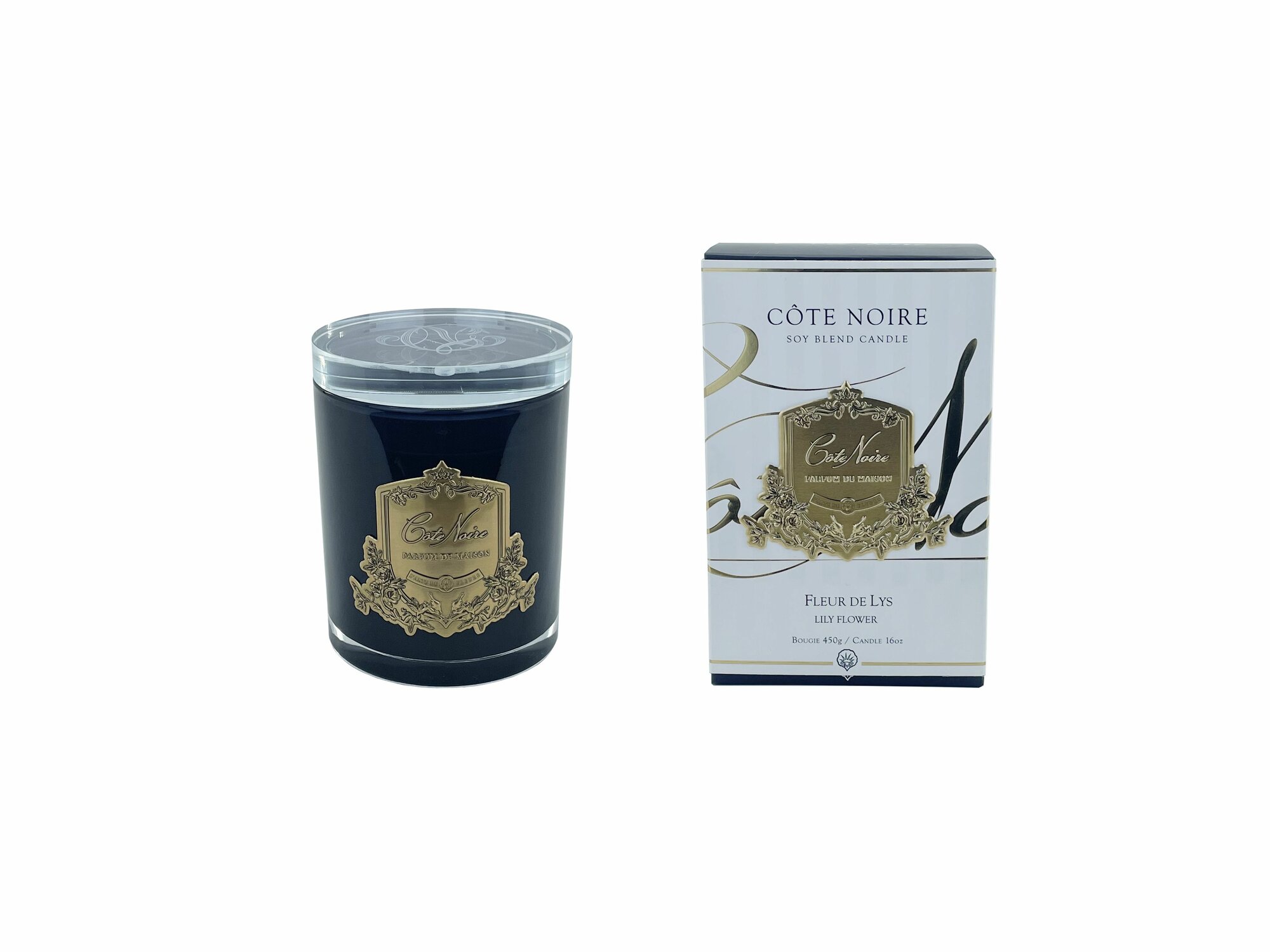 Свеча COTE NOIRE LILY FLOWER 450 гр , черный стаканчик, золотой декор
