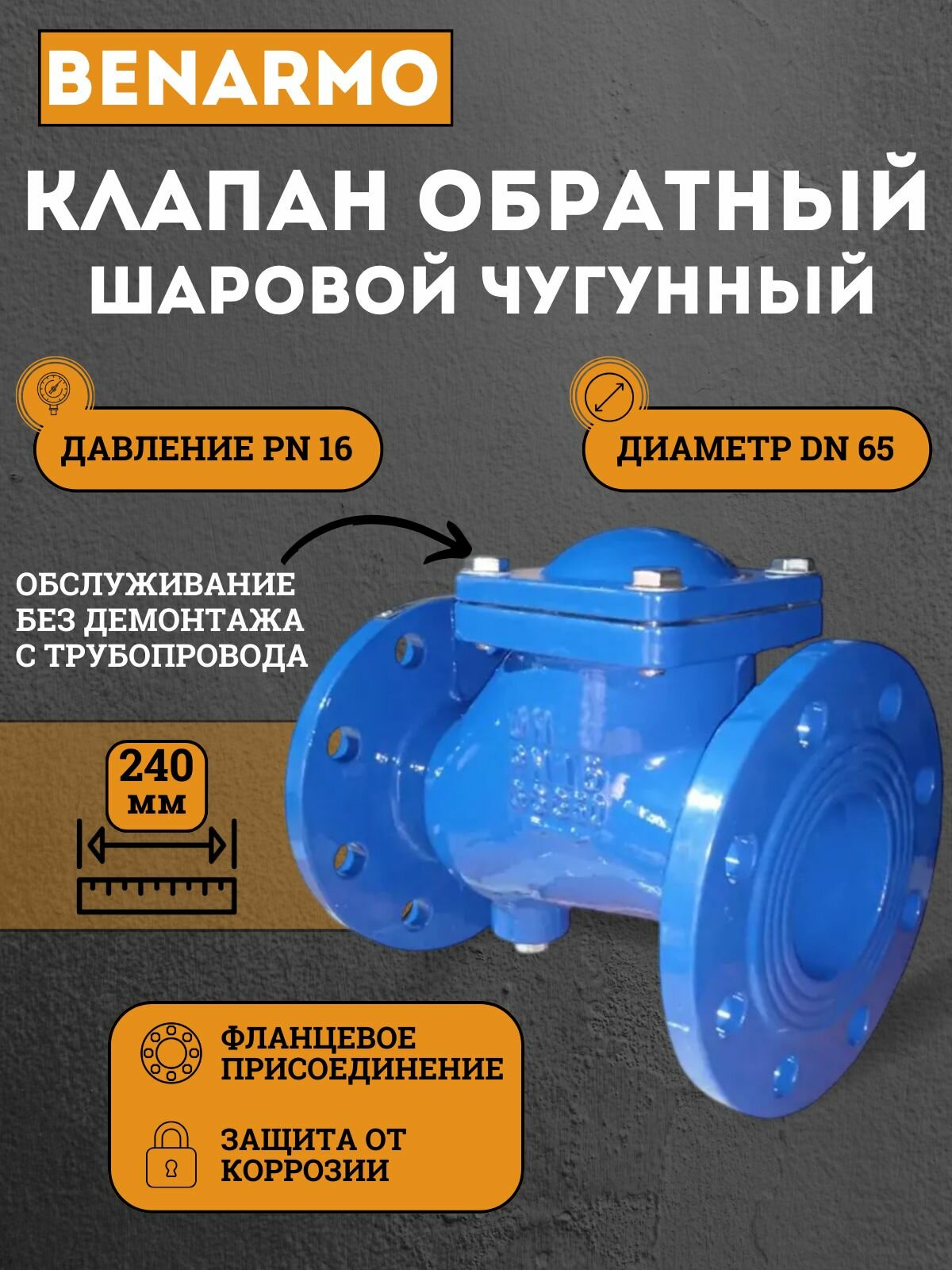Клапан обратный шаровой чугун Ду65 Ру16 Benarmo