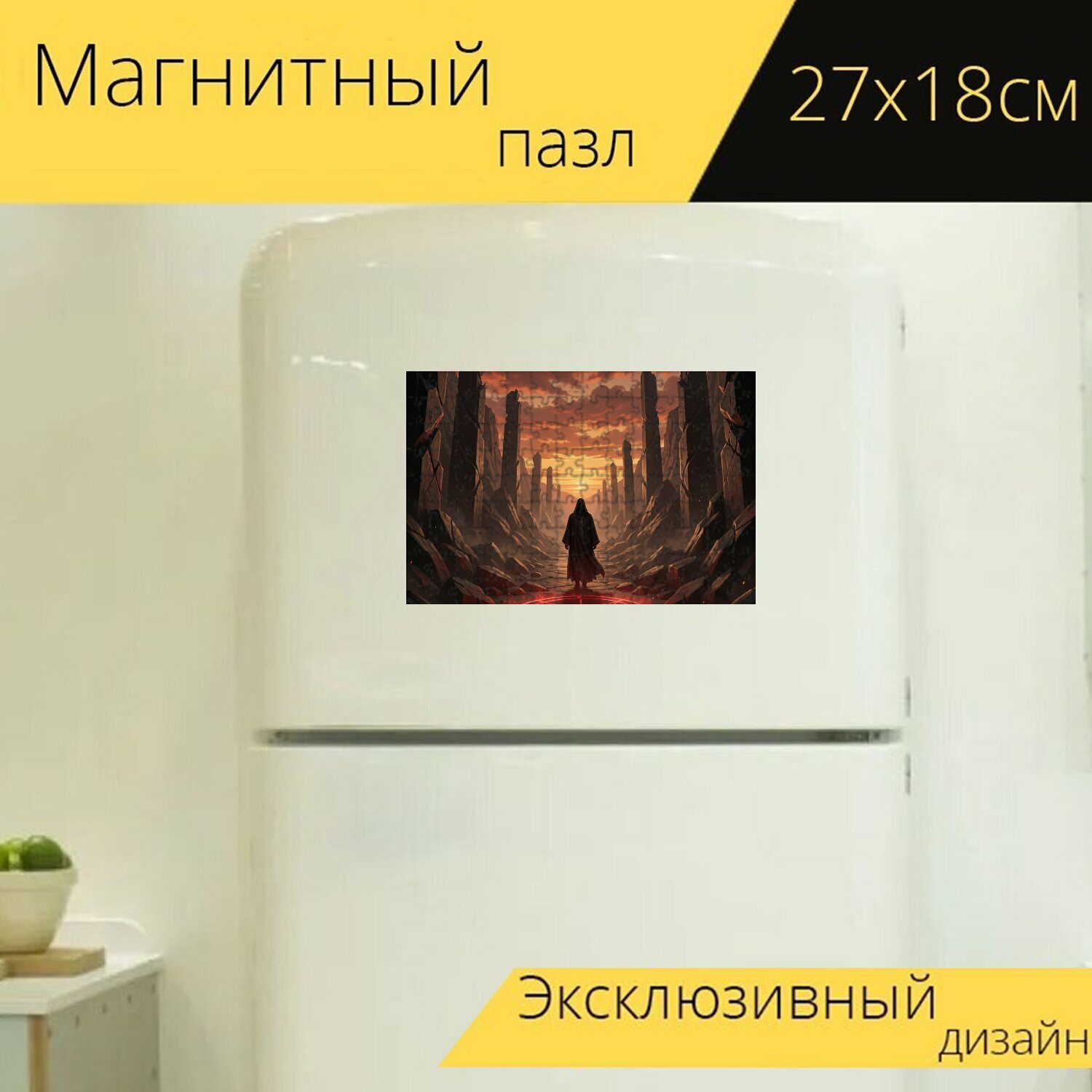 Магнитный пазл "Фигура в плаще среди обелисков. Мистический путник в мантии стоит в скалистом каньоне, под ногами сияет алый ритуальный знак, закатное." на холодильник 27 x 18 см.