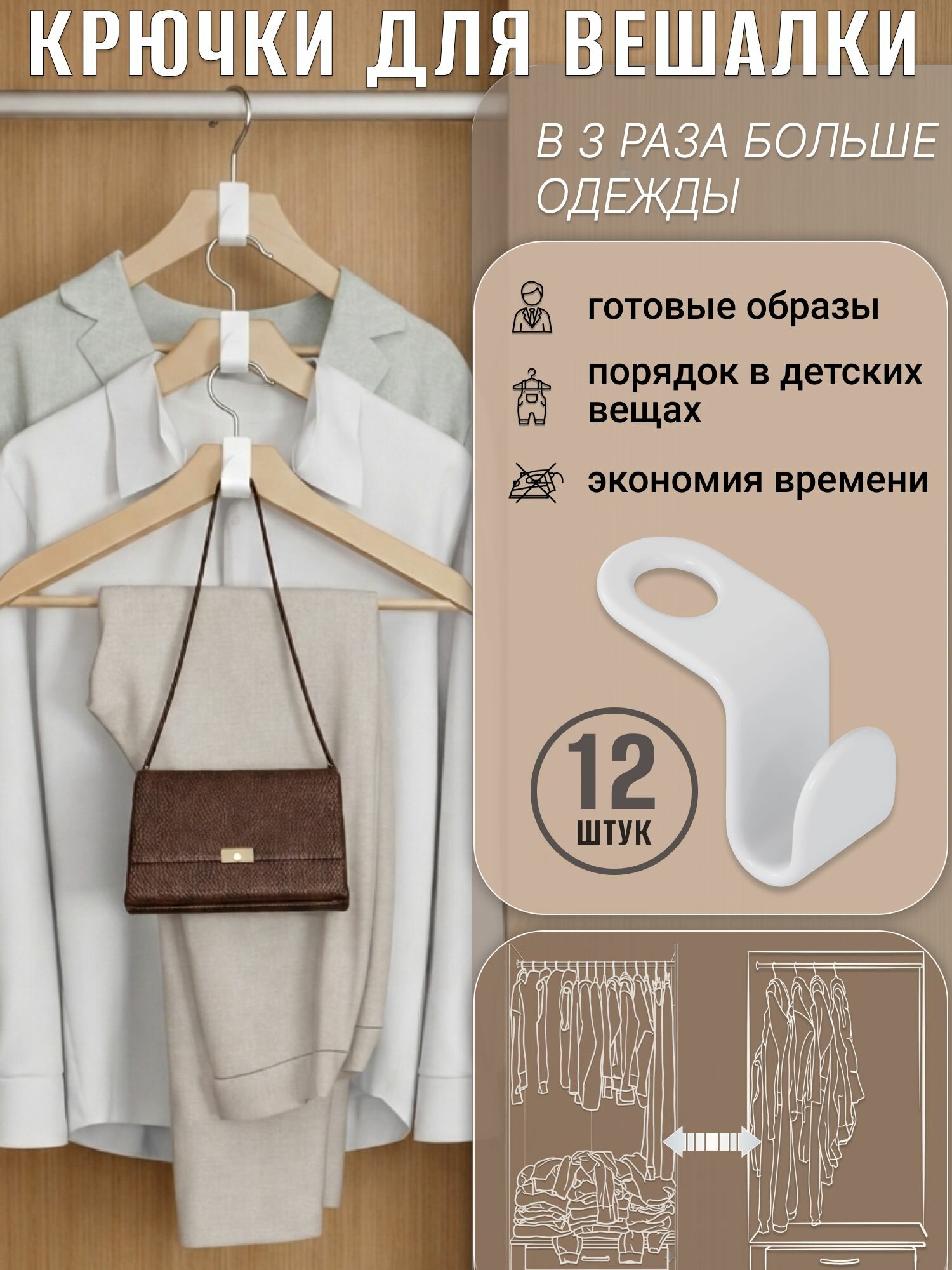 Крючки для вешалки белые 12 шт / Набор крючков для одежды, органайзер для каскадного хранения вещей в шкафу, вешалка для одежды и сумок многоуровневого хранения