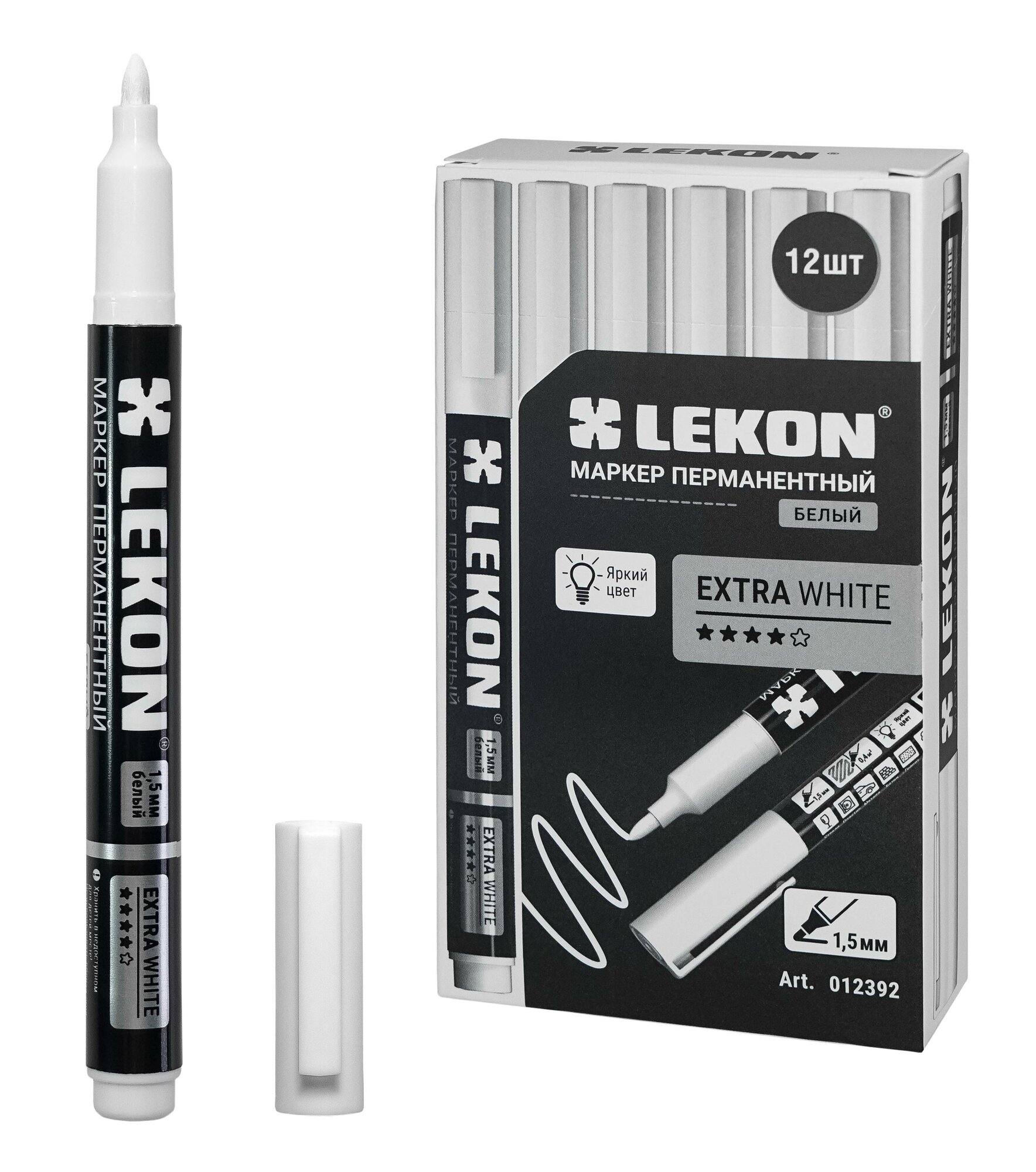 Маркеры LEKON "EXTRA WHITE", перманентные, 1,5 мм, белые, 12 штук 012392