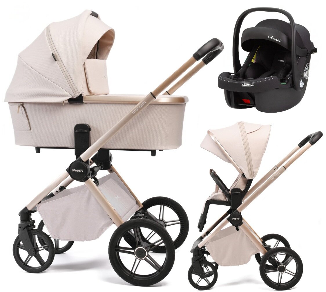 Коляска детская Peppy Monaco Plus 3 в 1 Beige (бежевый), рама беж, шлифованный алюминий