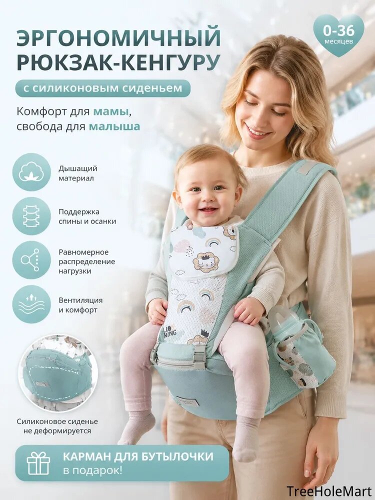 Рюкзак-переноска эргономичный для ребенка с силиконовым сиденьем 0-36 месяцев, дышащий, поддержка спины, карманы для телефона и бутылочки
