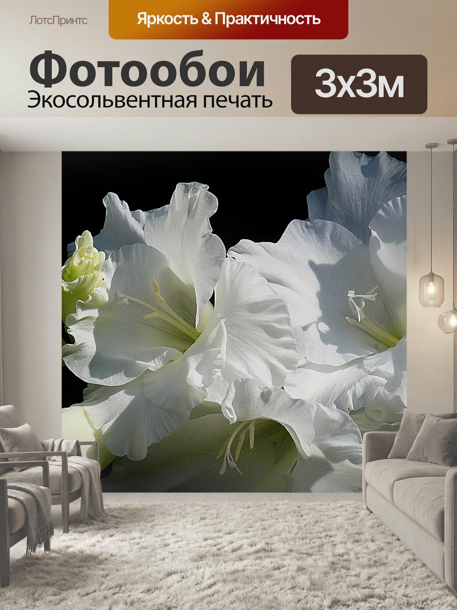 Фотообои "Гладиолусы, цветок, белый" 300x300 см. экосольвентная печать