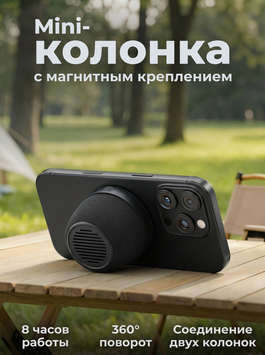 Колонка беспроводная Bluetooth портативная, маленькая мини музыкальная колонка на магните для велосипеда COMMA чёрный