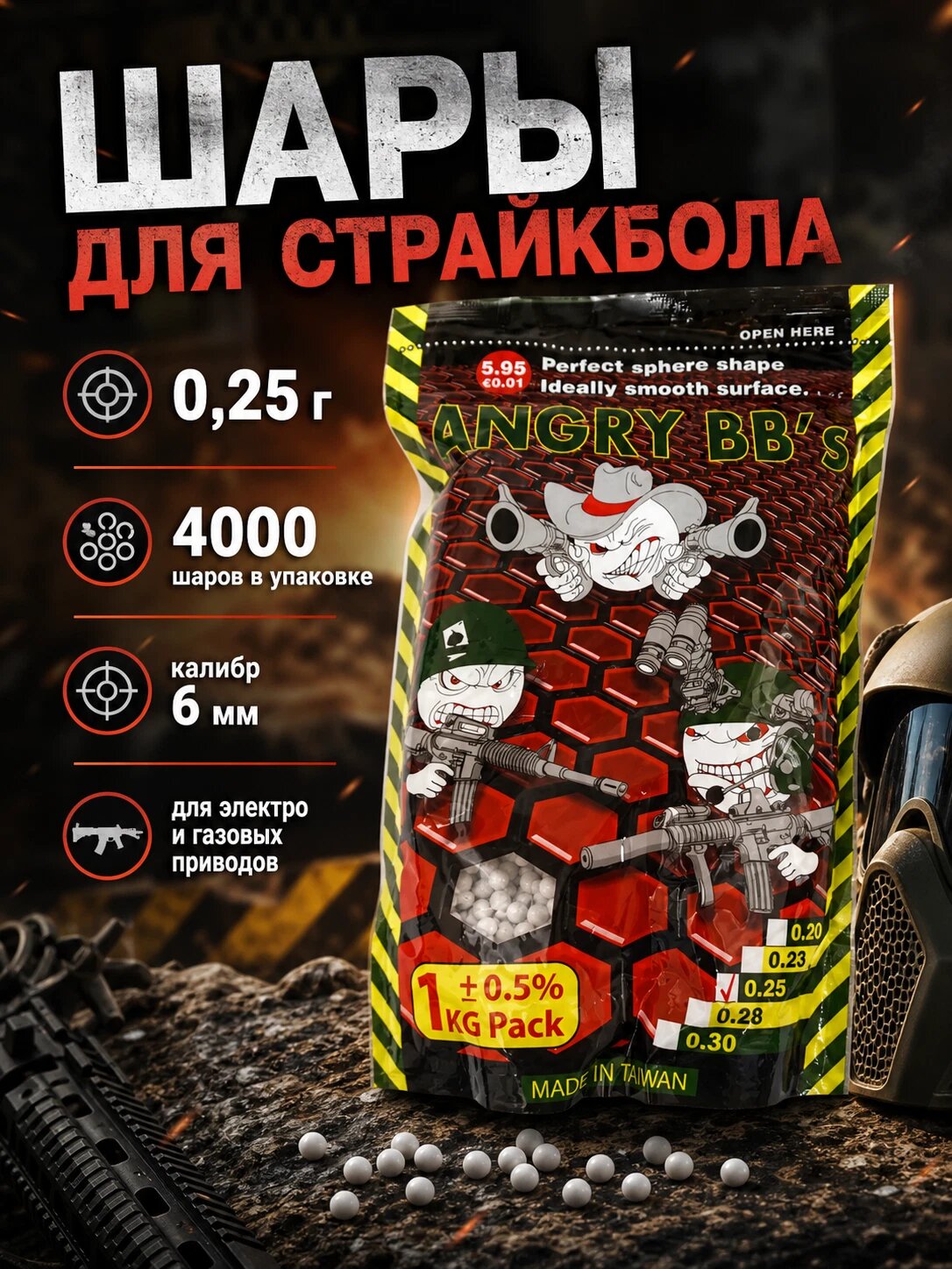 Шары для страйкбола Angry BB's 0,25 г, 4000 штук (1 кг, белые)