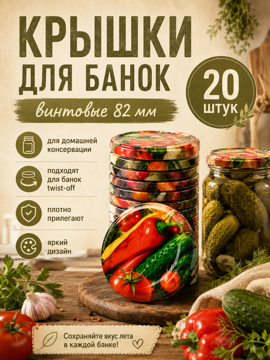 Крышки для консервирования, крышки для банок винтовые КВ-02, 20 штук 82мм