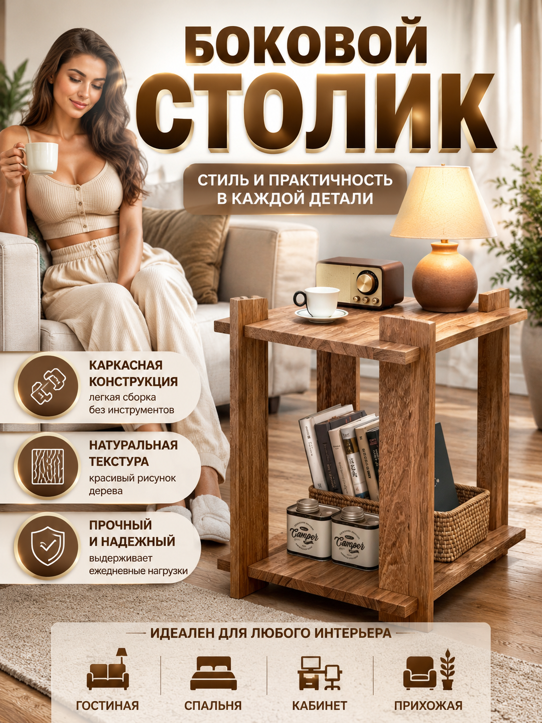 Боковой столик универсальный с нижней полкой, надежная деревянная мебель для размещения лампы, посуды в гостиной, спальне и рабочем кабинете