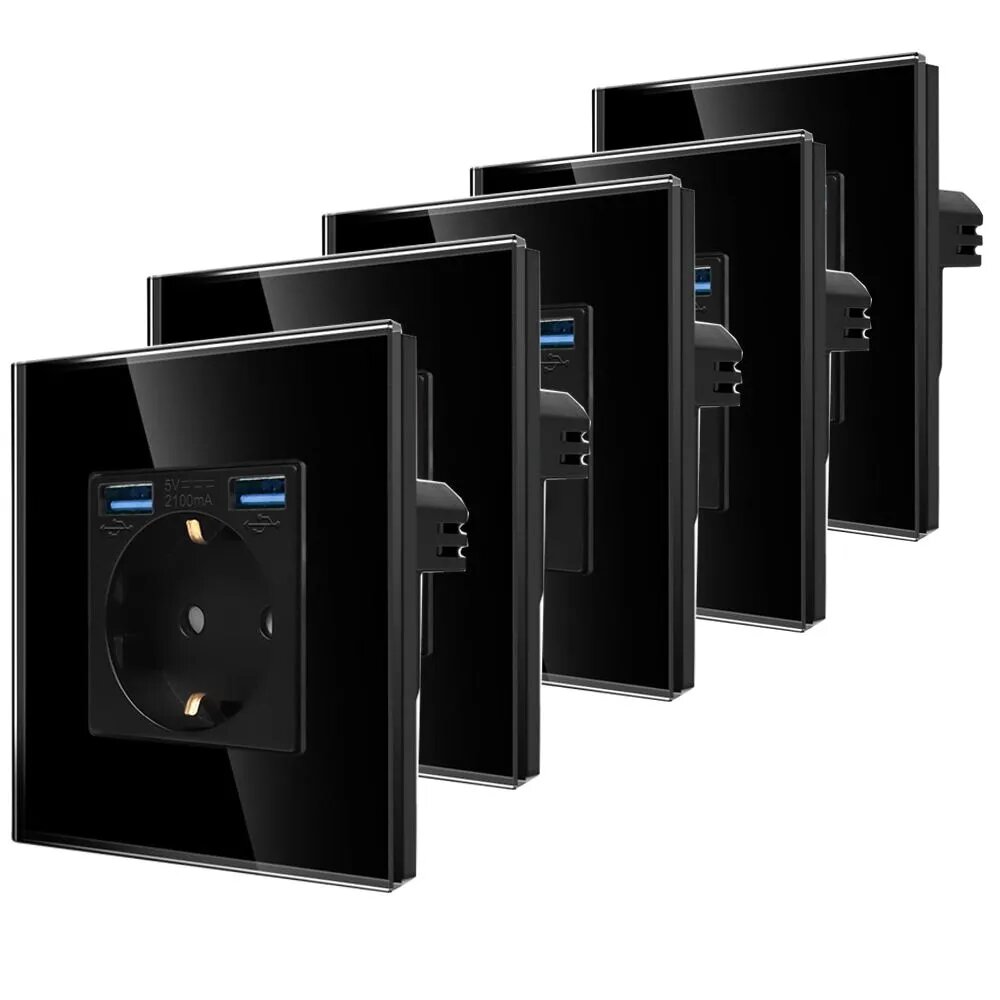 Розетка с usb встраиваемая однопостовая 16А + 2 USB на 2,1А в стеклянной черный рамке для стандартного круглого подрозетника,5шт