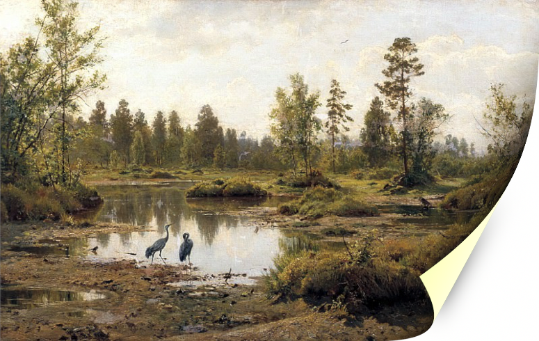 "Болото. Журавли", Шишкин Иван Иванович, картина (репродукция) (40х26 см / без подрамника)