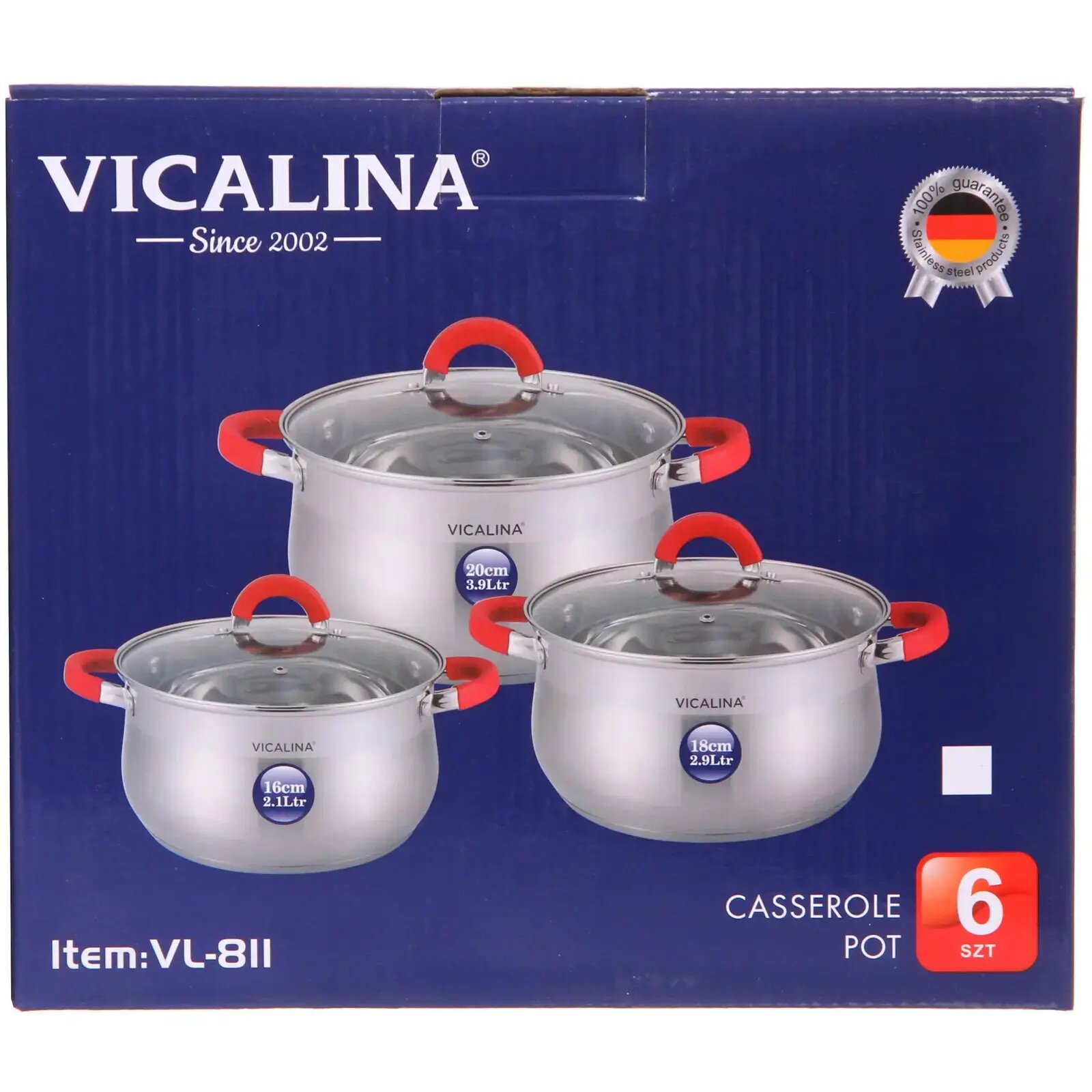 Набор кастрюль VICALINA 'VL-811' 3 предмета, нержавеющая сталь, 2.1/2.9/3.9л, стеклянные крышки, для всех плит
