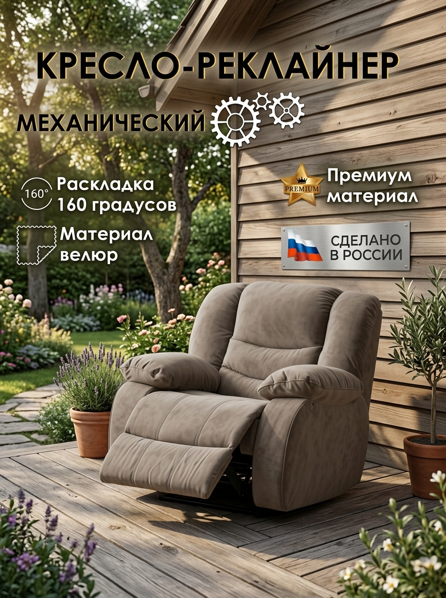 Кресло реклайнер Милан, механическое, велюр коричневый, для дома, дачи, гостиной