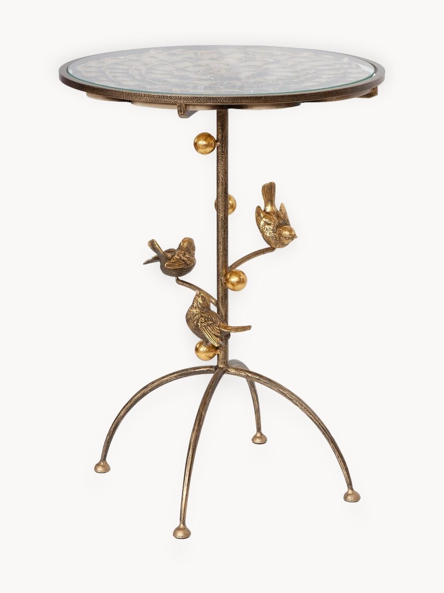 Кофейный круглый столик Bogacho с птичкой бронзового цвета со стеклянной столешницей и кованой ножкой с птичками