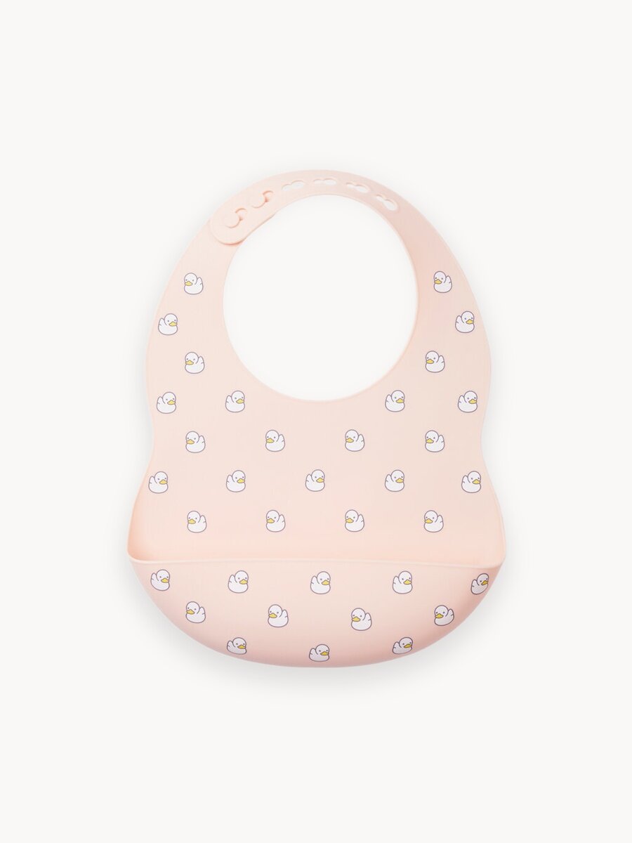 16017, Нагрудник для кормления Happy Baby, нагрудник силиконовый с кармашком, слюнявчик мягкий, розовый с утками