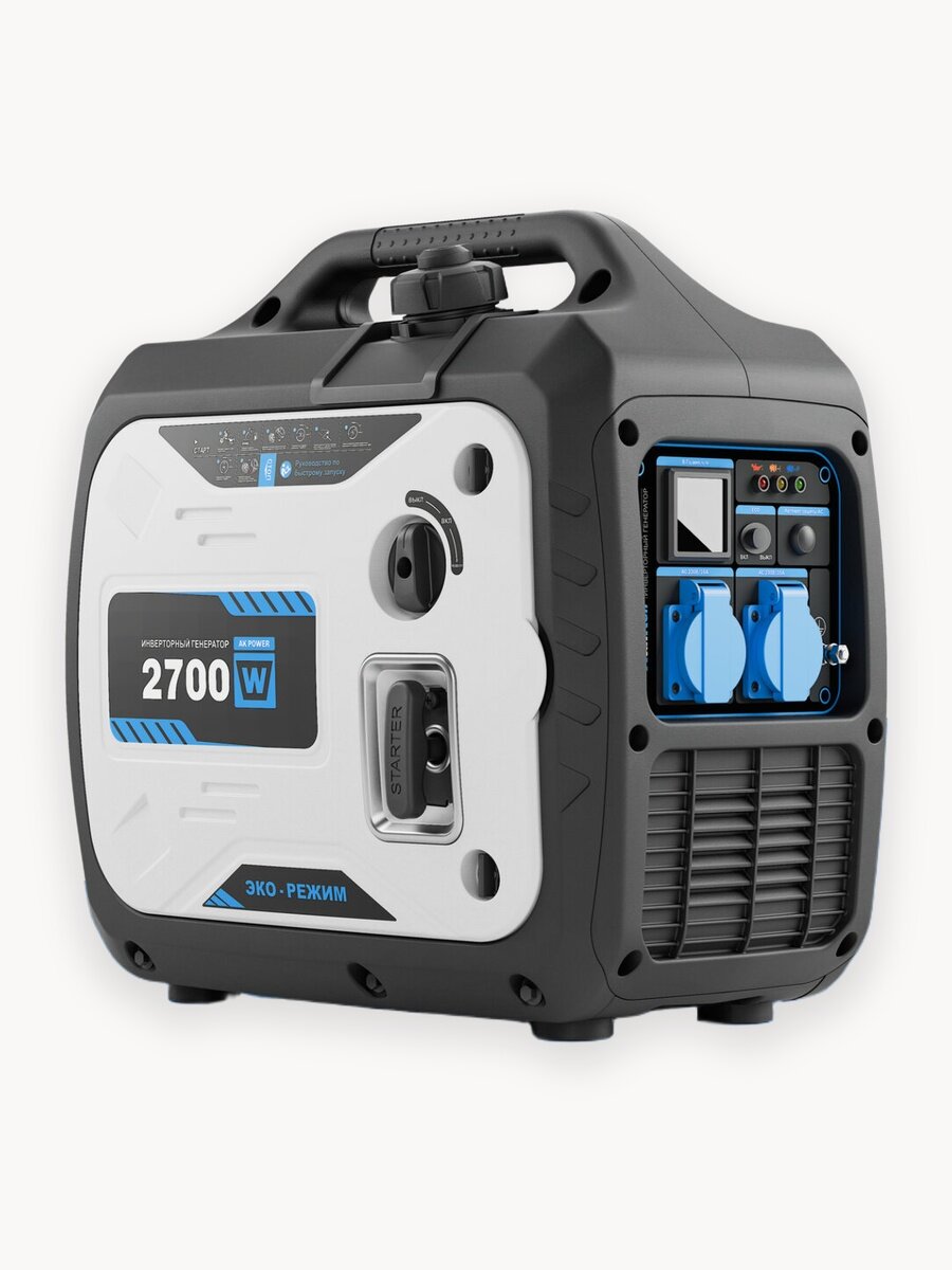 Генератор бензиновый инверторный 2.7 кВт, ручной, мини, ЭКО-режим. Reset. два разъёма на 16А
