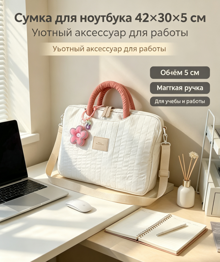 Мягкая стёганая сумка для ноутбука 15‑16 дюймов, противоударная, ручная и через плечо, с подвеской‑цветком