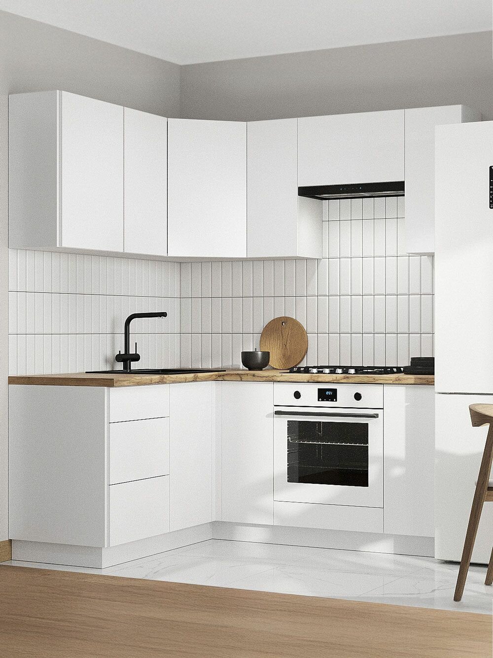 Кухонный гарнитур угловой Тандем 1.8х1.5 м, мебель для дома и кухни, Белый / Белый глянец