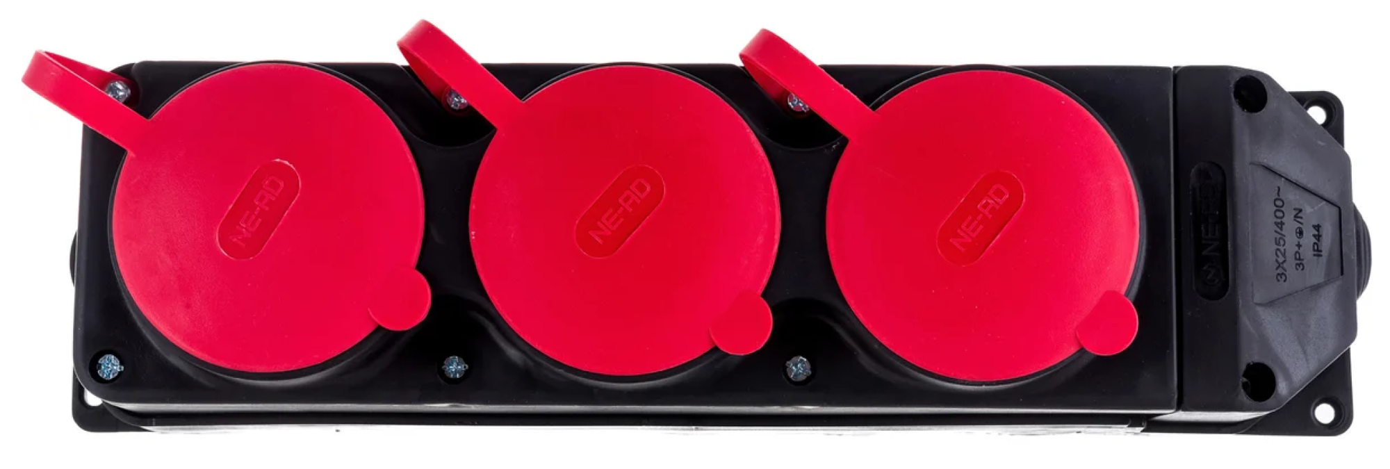 Блок розеток NE-AD 3 гнезда, 25А 380В IP44 с заземлением, каучук черный/красный, 4012 / колодка электрическая для удлинителя