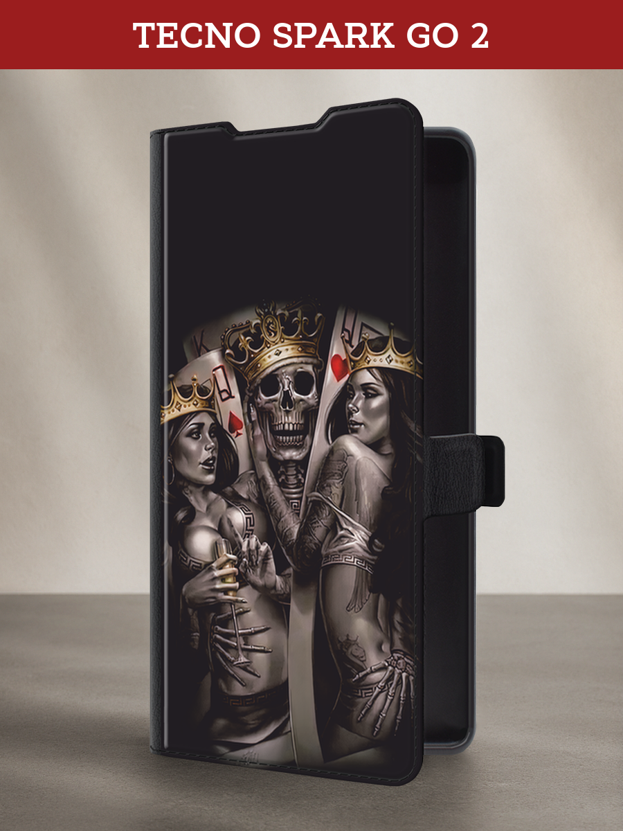 Чехол-книжка на Tecno Spark Go 2 / Текно Спарк Го 2 с принтом Карты король и королевы, черный