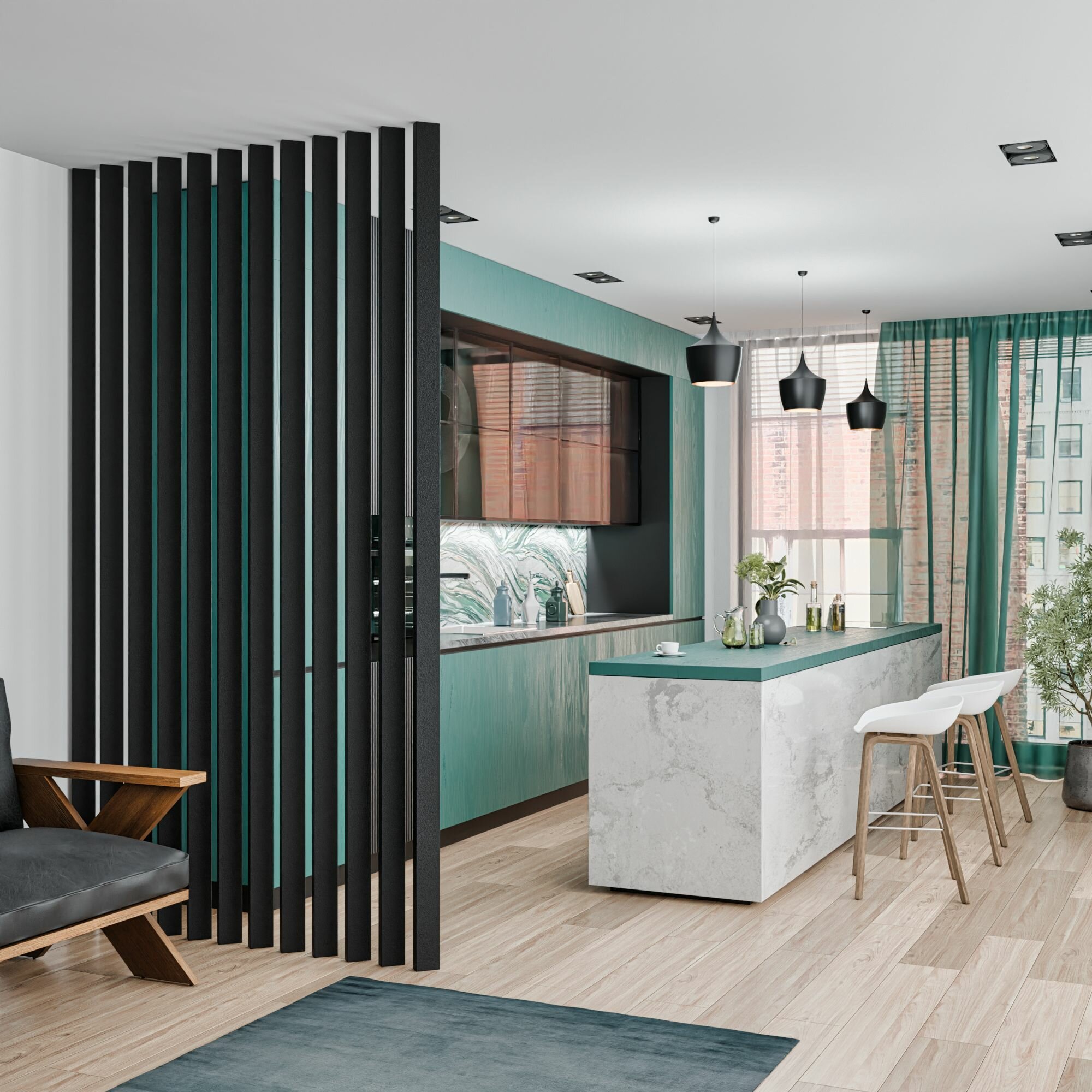 Перегородка реечная для зонирования, отдельностоящие 40х80 мм, ширина 1492 мм, черные