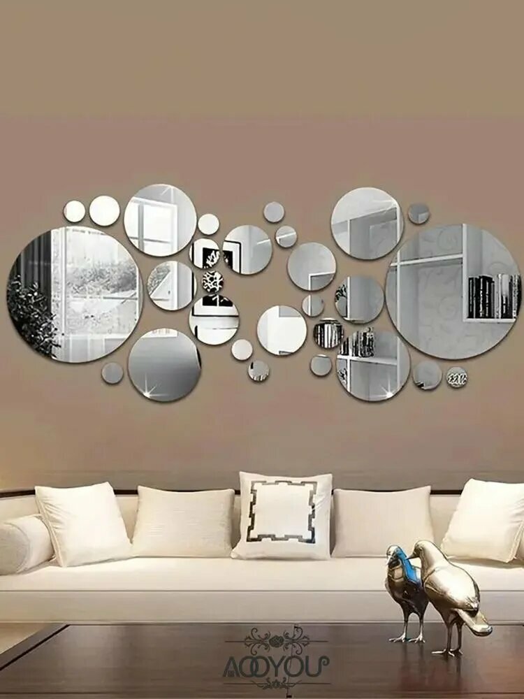 AOOYOU Наклейки интерьерные зеркальные Круги Зеркальная плитка самоклеющаяся , Настенный декор, 32 шт.