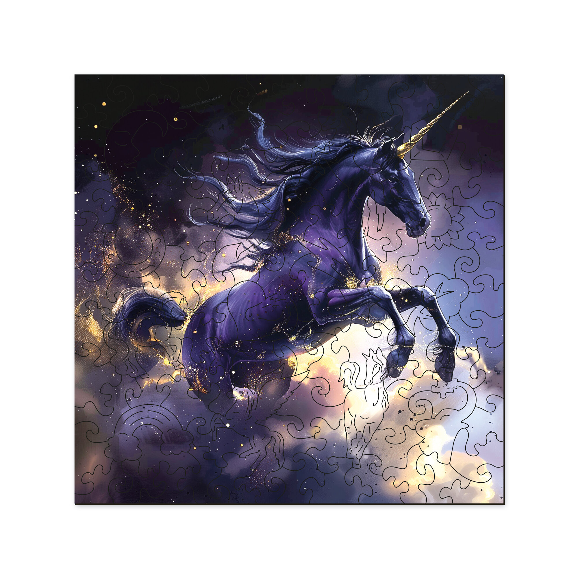 Деревянные пазлы/Черный единорог/развивающая игра для взрослых и детей с 12 лет