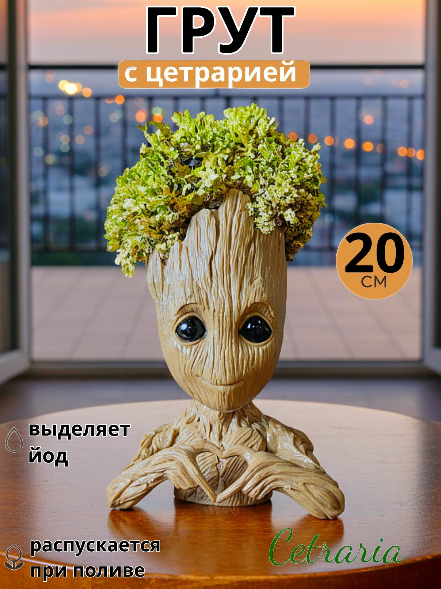 Декоративня фигурка Грут сердце с белой цетрарией 20 см/ удивительный декор для дома