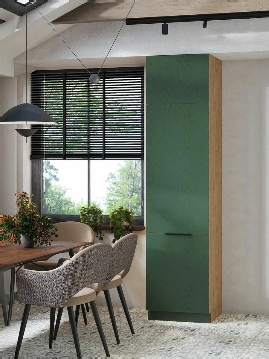 Кухонный пенал для холодильника/хранения 60 см, эмалевый фасад, зеленый.