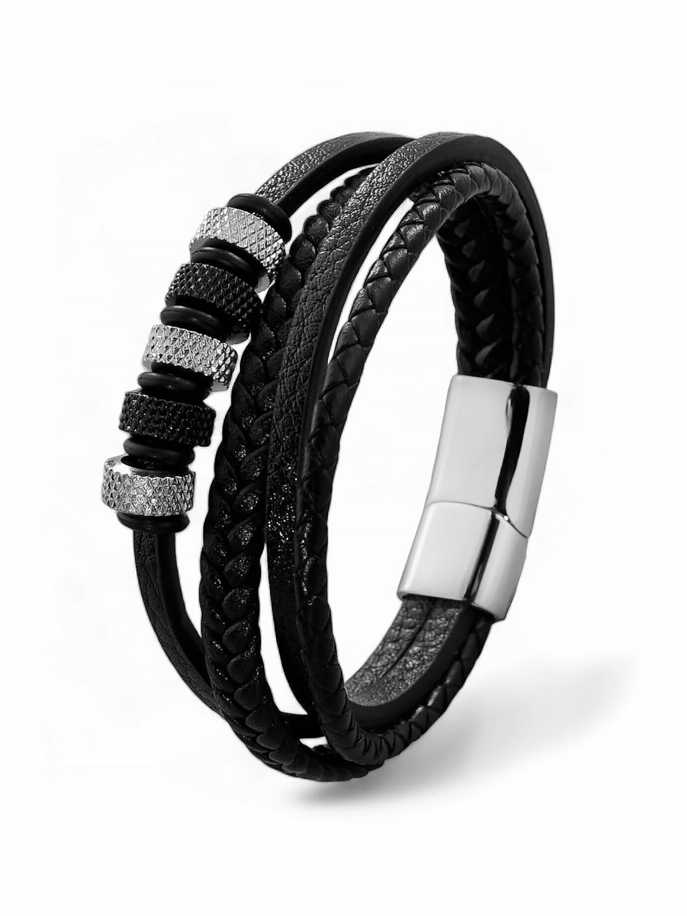 Плетеный браслет, кожа, металл