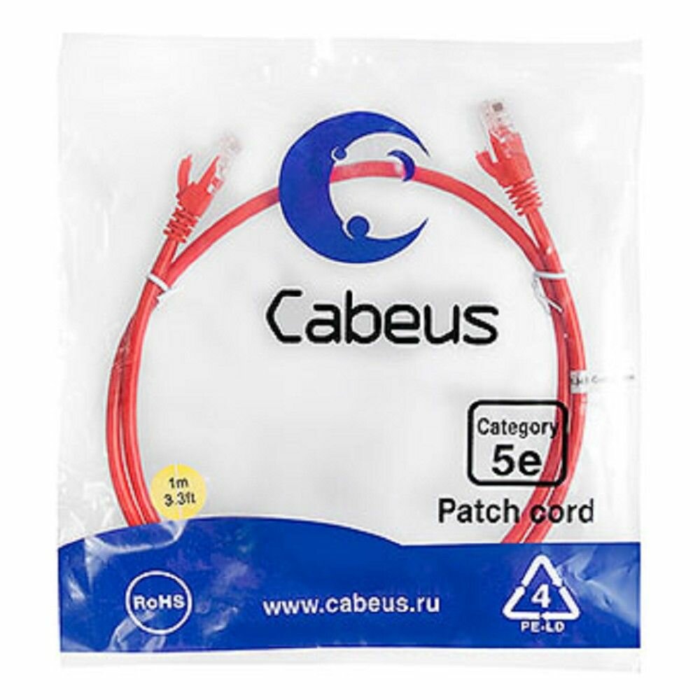 Патч-корд Cabeus PC-UTP-RJ45-Cat.5e-1m-RD-LSZH, красный, 1м