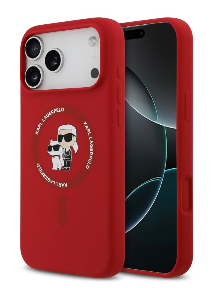 Karl Lagerfeld силиконовый чехол с MagSafe для iPhone 17 Pro, Liquid Silicone NFT Karl & Choupette, красный