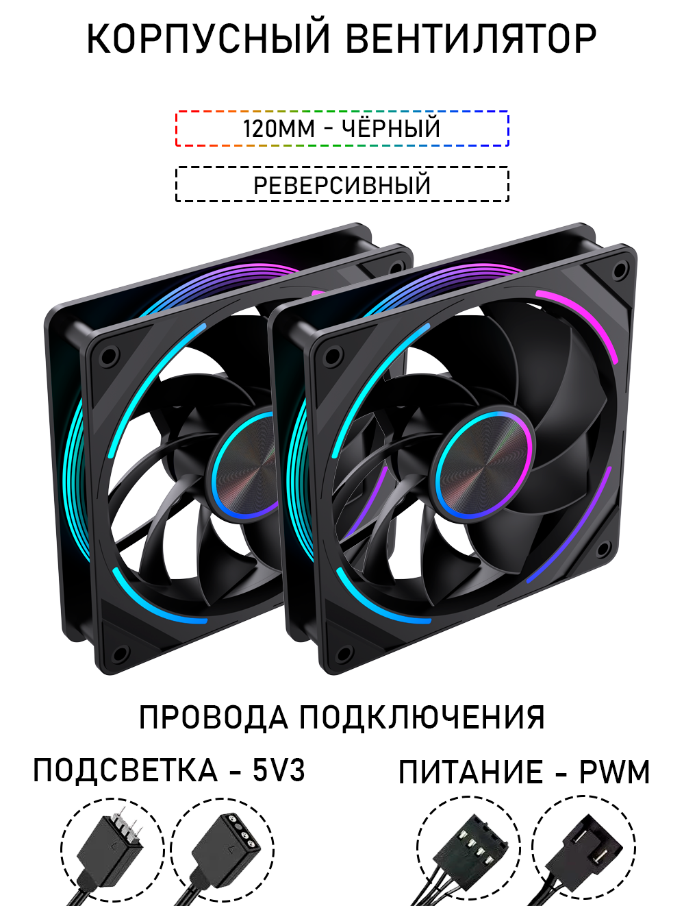 Корпусный вентилятор - LovingCool - Model S-RS - 120мм, чёрный, 1600 оборотов, 67 CFM, A-RGB подсветка. PWM+5v3. 2 штуки