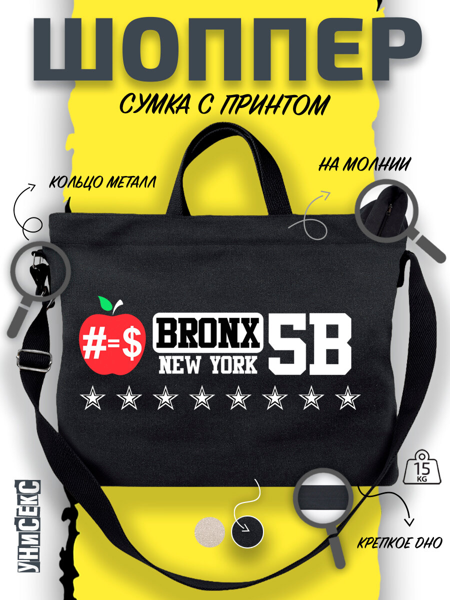 Сумка  шоппер y2k через плечо надпись Bronx Нью Йорк