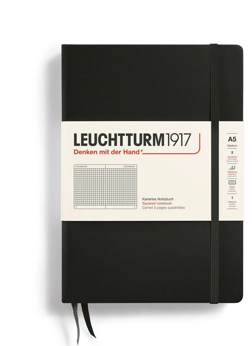 Книга для записей A5, 125 листов в клетку "Classic", твердая обложка, черный, Leuchtturm1917