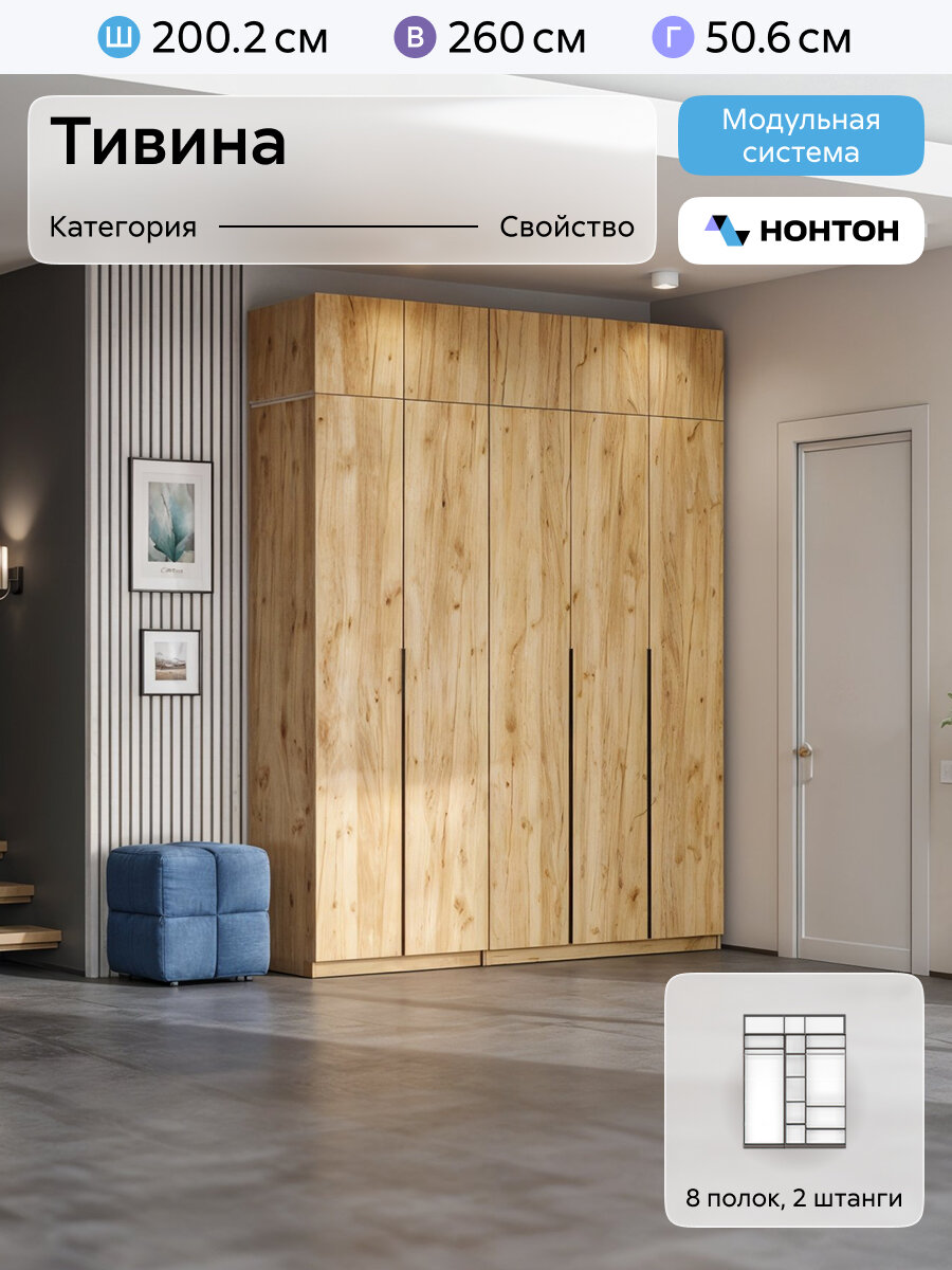 Комплект распашных шкафов для одежды Нонтон Тивина, с антресолью, 2 шт, 200 см, 8 полок и 2 штанги, дуб золотой