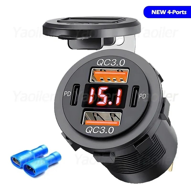 Новая 4-портовая автомобильная розетка для зарядного устройства 12-24 В, 96 Вт, двойная розетка QC3.0 USB и двойная розетка PD3.0 Type-C для быстрой зарядки со светодиодным вольтметром, Red-2Q2P