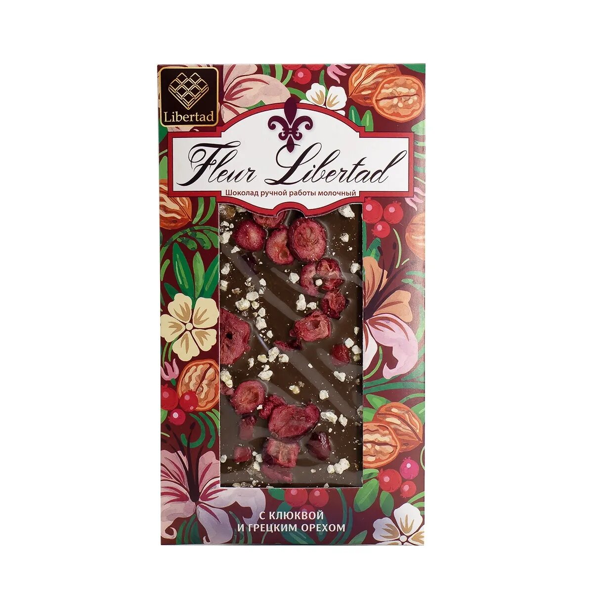 Шоколад Fleur Libertad молочный с клюквой и грецким орехом 80г